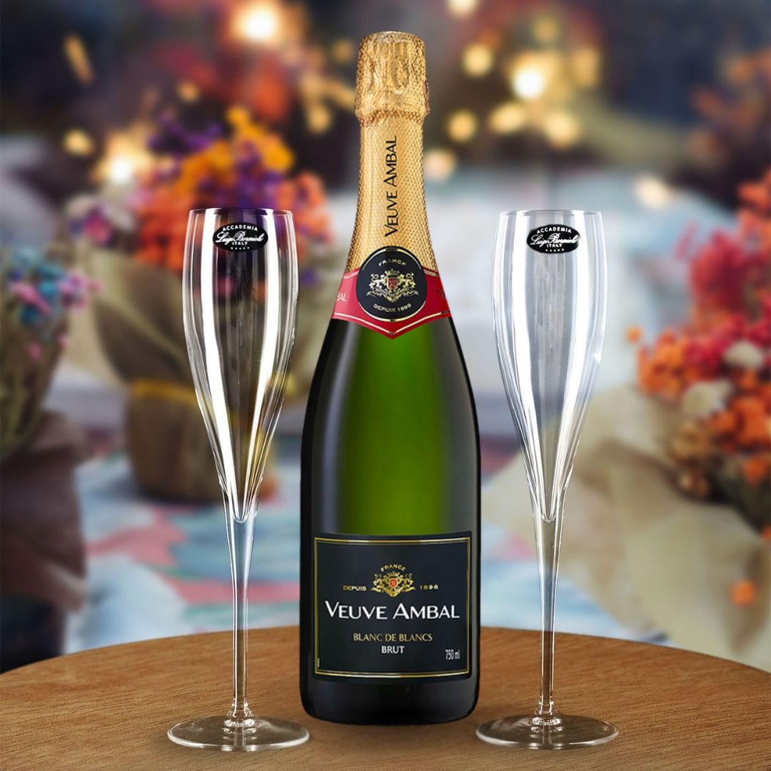 Veuve Ambal Blanc de Blancs NV Hamper includes 2 pack Champagne Flutes ...